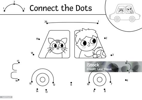 벡터 도트 투 도트 및 컬러 활동은 귀여운 자동차 운전자 및 승객 고양이와 함께합니다 교통은 재미있는 자동차로 어린이를 위한 점 게임을 연결합니다 아이들을 위한 교통 색칠
