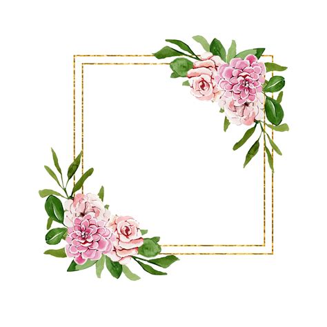 Moldura Quadrada Dourada Decorada Com Flores Em Aquarela De Peônia