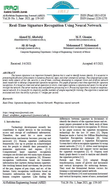 Real Time Signature Recognition Using Neural Network 1ahmed Mamoon Fadhil Al Rafidain