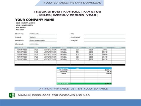 Truck Driver Pay Roll Earning Statement Template Pay Slip Creator For Truck Driver Mile Excel