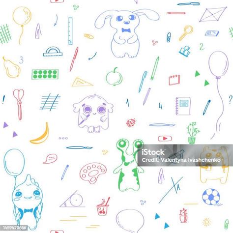 인쇄 배경에 귀여운 괴물과 학용품 손으로 그린 캐릭터가 있는 학교 배경 화면으로 돌아갑니다 아이들을 배우고 축하하는 원활한 패턴 0명에 대한 스톡 벡터 아트 및 기타 이미지