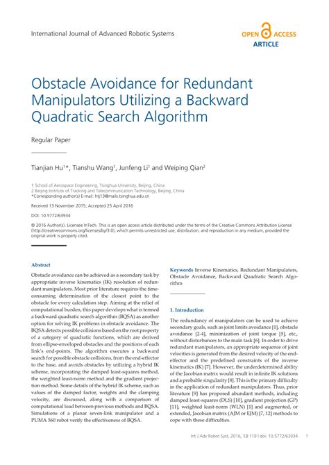 Pdf Obstacle Avoidance For Redundant Manipulators Utilizing A Backward Quadratic Search Algorithm