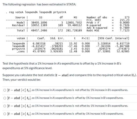 solved use the following stata output to test whether the