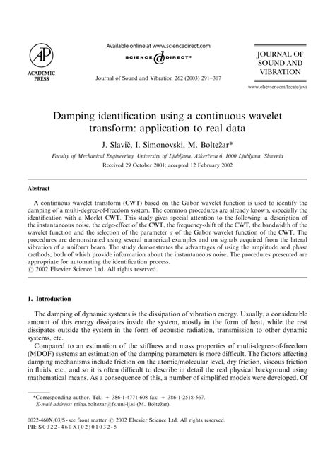 Pdf Damping Identification Using A Continuous Wavelet Transform Application To Real Data