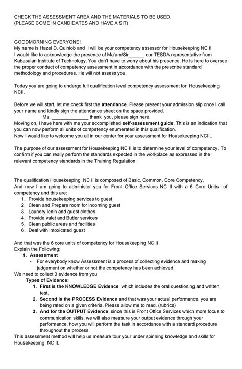 Assessor Script For Housekeeping Ncii Prepared By Hazel D Quinlob
