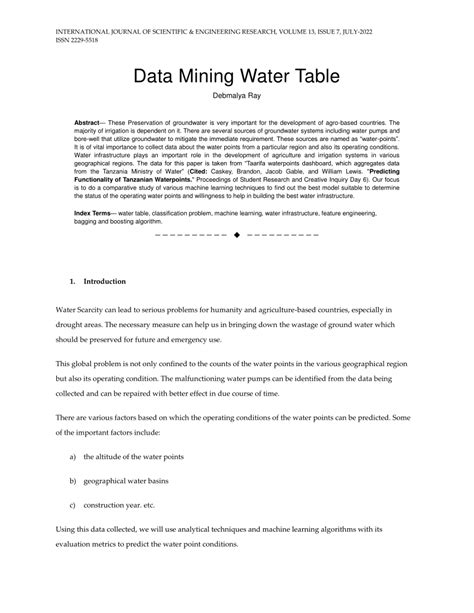 Pdf Data Mining Water Table