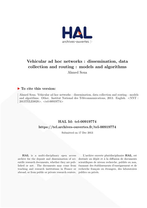 Pdf Vehicular Ad Hoc Networks Dissemination Data Collection And Routing Models And Algorithms