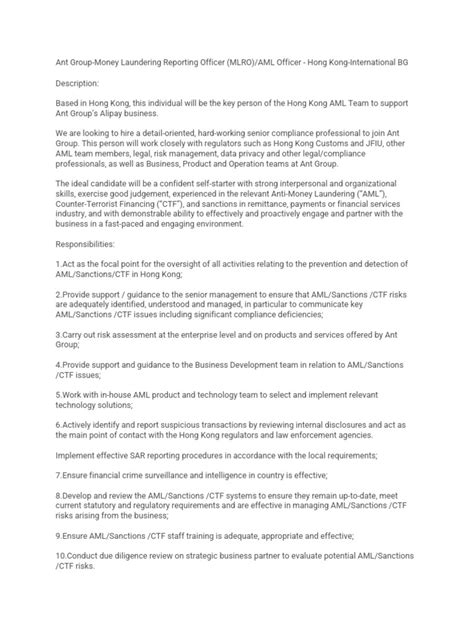 Ant Group Mlro Pdf Money Laundering Regulatory Compliance