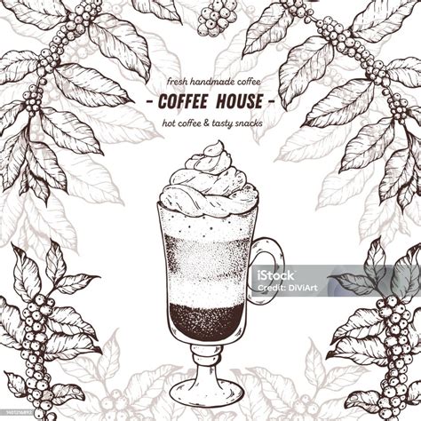 커피 컵과 커피 트리 일러스트레이션 커피 숍을위한 빈티지 디자인 새겨진 벡터 일러스트레이션 모카치노 컵 0명에 대한 스톡 벡터