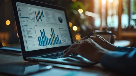 Laptop Showing Data Analytics On Desk During Sunset Stock Image Image
