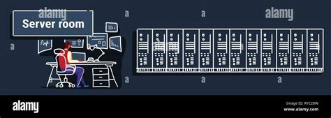 Man Sitting Workplace Desk Working In Data Center Room Hosting Server Computer Monitoring