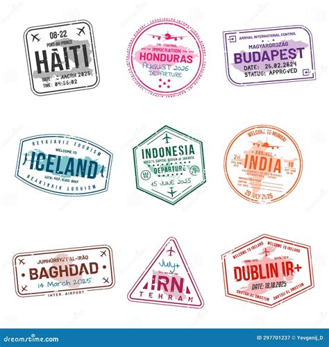 Set Of Travel Visa Stamps For Passports Abstract International And Immigration Office Stamps