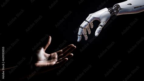 the robot s hand touches the human hand on a black background the