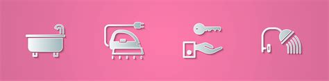 종이 컷 욕조 전기 다리미 호텔 도어 잠금 키 및 샤워 헤드 아이콘을 설정합니다 종이 아트 스타일 벡터 3차원 형태에 대한 스톡 벡터 아트 및 기타 이미지 Istock