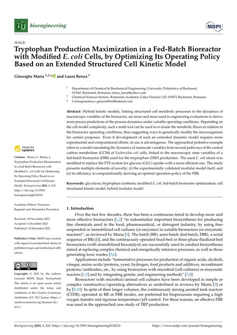 Pdf Tryptophan Production Maximization In A Fed Batch Bioreactor With Modified E Coli Cells