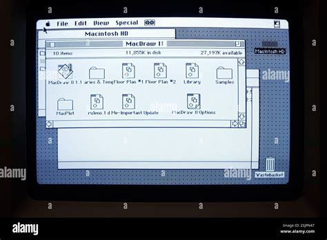Vintage Macintosh Computer Screen Displaying Mac Draw Ii Software Folder Window And Menubar In
