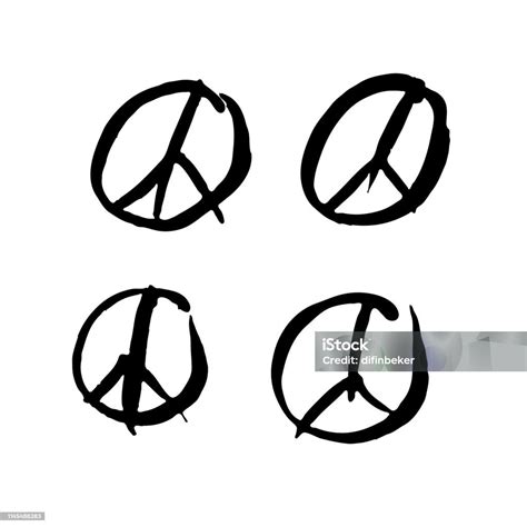 4 개의 벡터 평화 상징의 집합입니다 솔과 함께 손으로 그린 평화 기호에 서명 하십시오 흰색 배경에 검은 히피 기호입니다 4가지