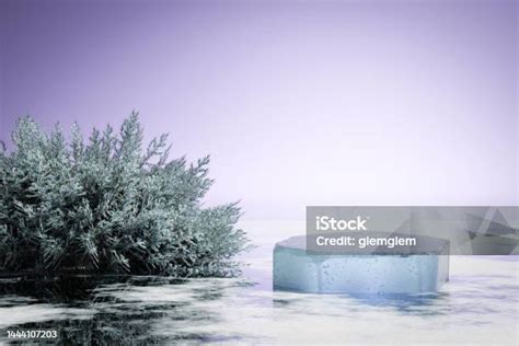 3d 렌더링 Abstact 무대 연단 배경 덤불 나무와 보라색 하늘이 있는 얼어붙은 강의 얼음 돌 연단 제품 디스플레이 모형 및 쇼케이스 자연 현실적인 플랫폼 0명에 대한