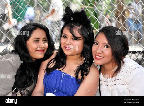 Portrait Of Three Young Mexican Women Merida Yucatan Mexico Central