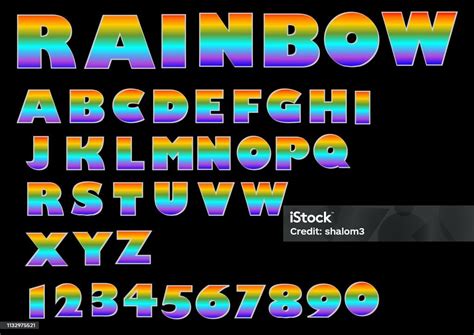 무지개 거 대 한 글꼴 선명한 색상의 대문자 숫자 금속 디자인의 알파벳 세트 0명에 대한 스톡 벡터 아트 및 기타 이미지 0명 기둥 머리 기하 Istock