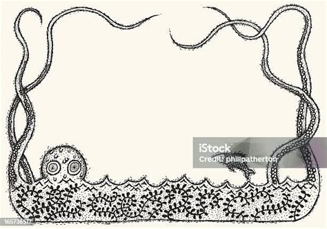 프레임 또는 국경 만든 바다빛 몬스터 성인 남성의 팔뚝만큼 문어에 대한 스톡 벡터 아트 및 기타 이미지 문어 물고기 바다