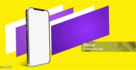 전화기 빈 화면 흰색 화면이 있는 스마트폰 노란색 보라색 배경에 전화 광고용 휴대폰 템플릿입니다 신청 장소 또는 웹 사이트 전화기 빈 화면 시각화 3d 이미지 0명에 대한