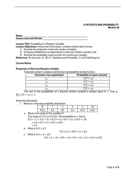 Stats And Prob 2 Probability Of Random Variables Pdf