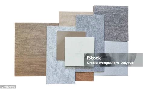 이 이미지는 나무 타일 석재 타일을 포함하여 시각적으로 매력적인 구성으로 배열된 다양한 재료 샘플 컬렉션을 보여줍니다 0명에 대한 스톡 사진 및 기타 이미지 Istock