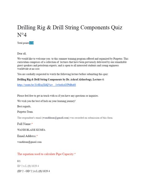 Drilling Rig And Drill String Components Quiz 4 Pdf