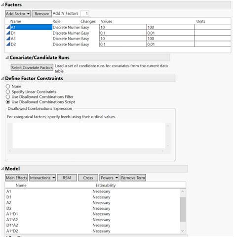 Solved Using The Disallowed Combination Script To Define Factor Constraints In Doe Jmp User