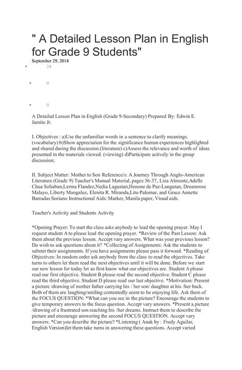 Ilide Notes A Detailed Lesson Plan In English A Detailed Lesson