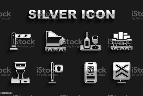 세트 카페 및 레스토랑 위치 화물 열차 마차 철도 횡단 전자 티켓 기차 지휘자 유리와인 병 철도 장벽 및 고속 아이콘 벡터 Brand Name Smart Phone에 대한