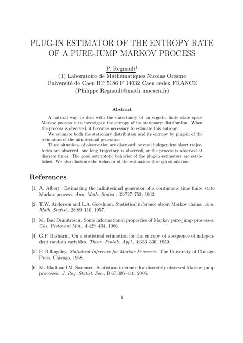 Pdf Plug In Estimator Of The Entropy Rate Of A Pure Jump Two State