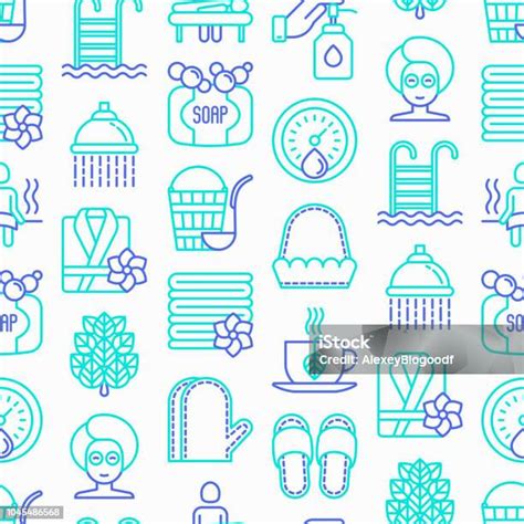 얇은 선 아이콘 스파 사우나 원활한 패턴 마사지 오일 수건 스팀 룸 샤워 비누 양동이 국자 습도 수영 풀 허브 차 자작나무 페이셜 마스크 현대 벡터 일러스트입니다 사우나에
