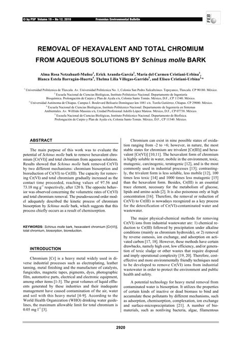 Pdf Removal Of Hexavalent And Total Chromium From Aqueous Solutions By Schinus Molle Bark