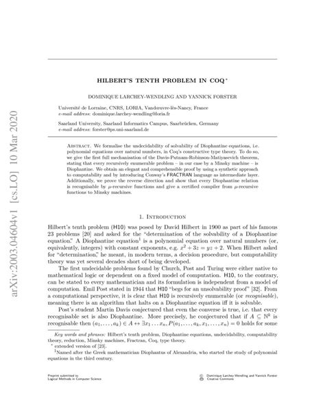 Hilberts Tenth Problem In Coq Deepai