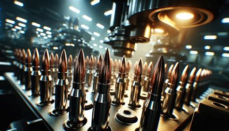 Close Up Of Bullet Manufacturing Machine With Multiple Bullets In