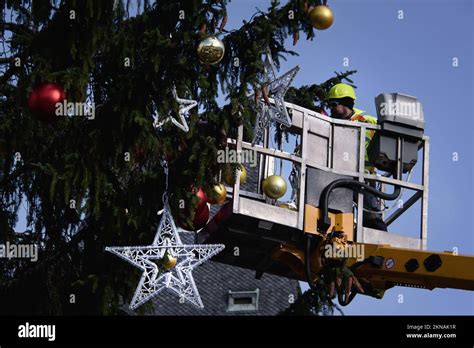 Decorating The Christmas Tree On The Old Town Square In Prague And