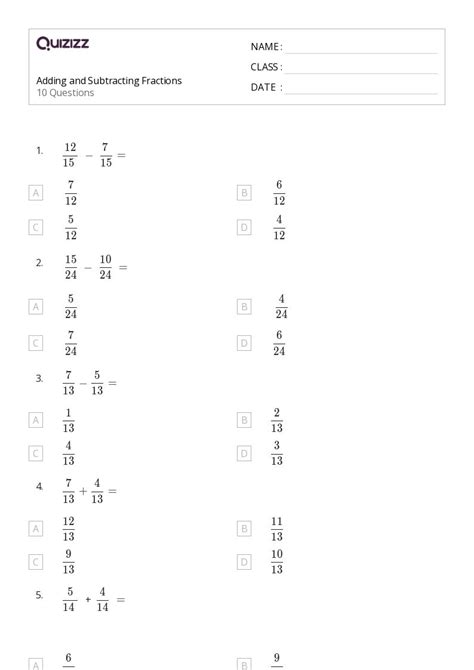 แผ่นงาน การบวกและการลบเศษส่วน มากกว่า 50 แผ่นในราคา ชั้นประถมศึกษาปีที่ 2 ใน Quizizz ฟรีและ