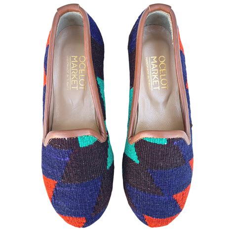 Womens Turkish Kilim Loafers Blue And Black Zig Zag 5 Us36 Eu Ocelot