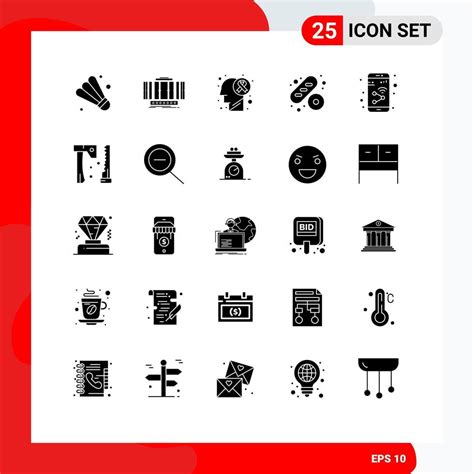 Pack Of 25 Creative Solid Glyphs Of Mobile App Brain Disease Food Baguette Editable Vector