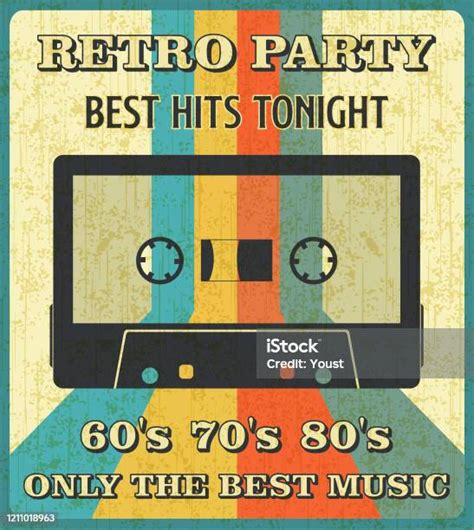 복고풍 음악 파티와 빈티지 음악 카세트 테이프 포스터 복고풍 Desigh 스타일 디스코 파티 60 70 80 년대 1970 1979 년에 대한 스톡 벡터 아트 및 기타