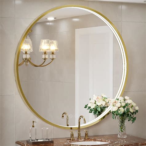 Ftoti 32 Inch Led Gold Frame Round Mirrorround Bathroom Mirror With Lightwall Mounted Lighted