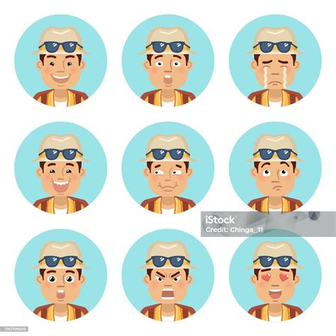 관광 이모티콘 세트입니다 다른 감정을 보여주는 남자 아바타 행복 하 고 미소 하 고 울고 분노 하 고 사랑 하 고 놀 랐 다 웃음과 다른 표정 관광객에 대한 스톡 벡터 아트
