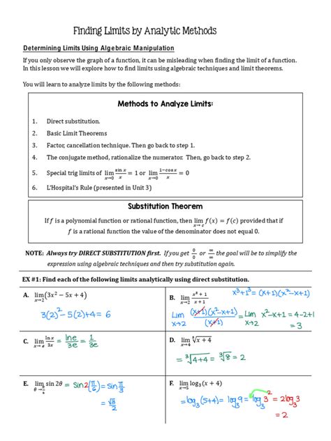 Notes 21c Finding Limits By Analytic Methods Key Pdf Function