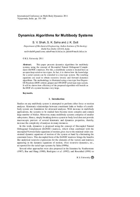 Pdf Dynamics Algorithms For Multibody Systems