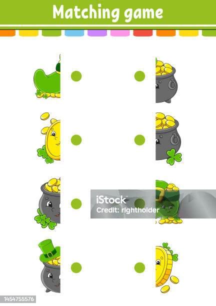 매칭 게임 선을 그립니다 교육 개발 워크시트 컬러 사진이 있는 활동 페이지 아이들을위한 수수께끼 귀여운 캐릭터 만화 스타일 벡터 그림입니다 0명에 대한 스톡 벡터 아트 및