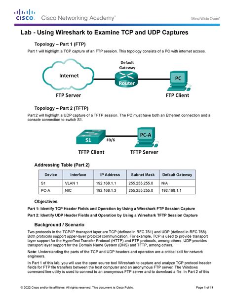 Lab Using Wireshark To Examine TCP And UDP Captures Topology Part FTP Part