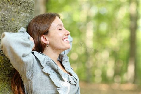Mujer Feliz Relaj Ndose Apoy Ndose En Un Rbol En Un Bosque Foto De Archivo Imagen De Mentira