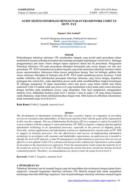 Pdf Audit Sistem Informasi Menggunakan Framework Cobit 5 0 Di Pt Xyz